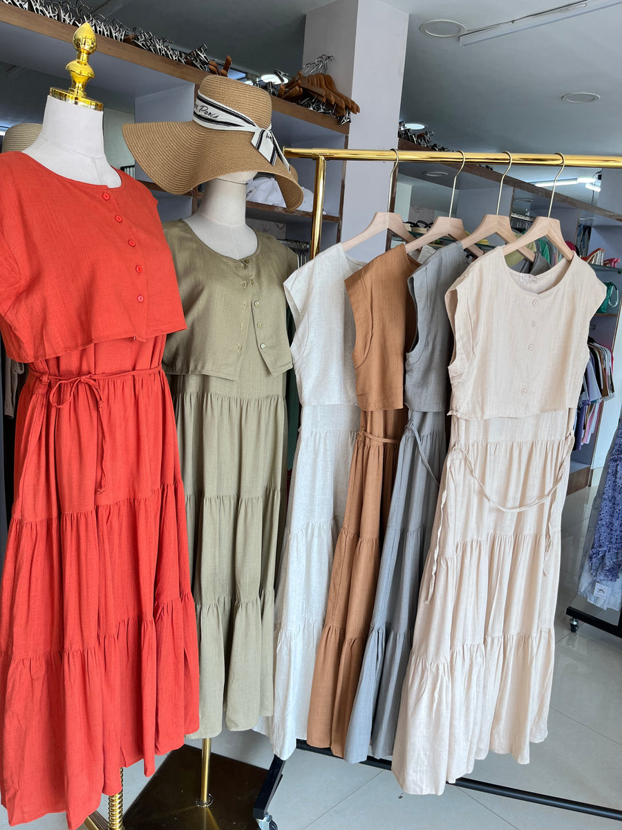 Linen Tiered Sundress With Crop Cardigan Sets – GlamourFashion