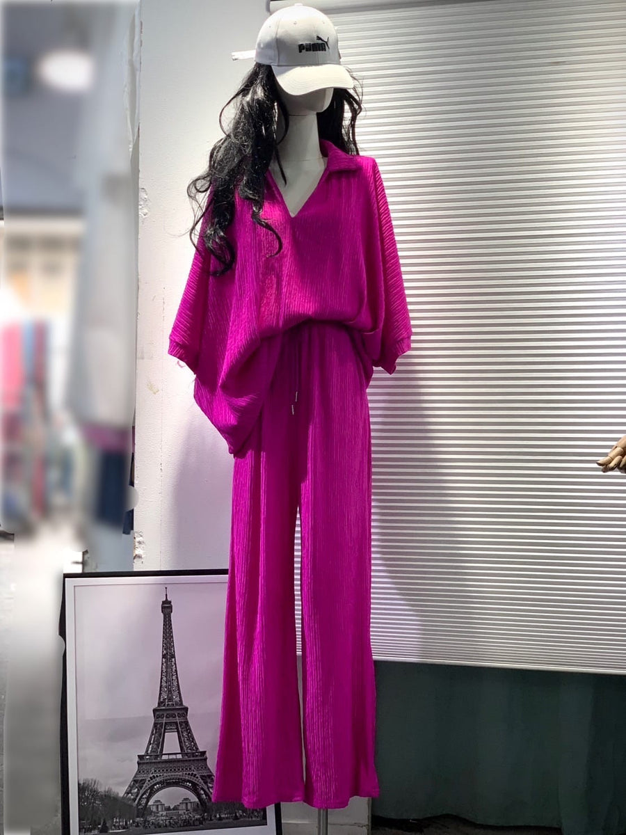 KKUU-TIST Baggy V-neck Collar Down Top With Trousers Set – GlamourFashion